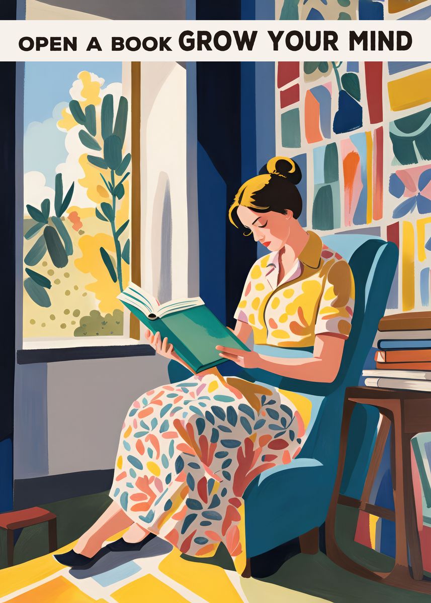 'Book Reading Poster' Poster, picture, metal print, paint by ...