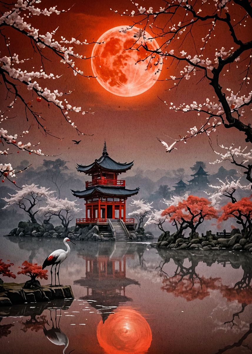 'japanese moon red' Poster, picture, metal print, paint by anartdk ...