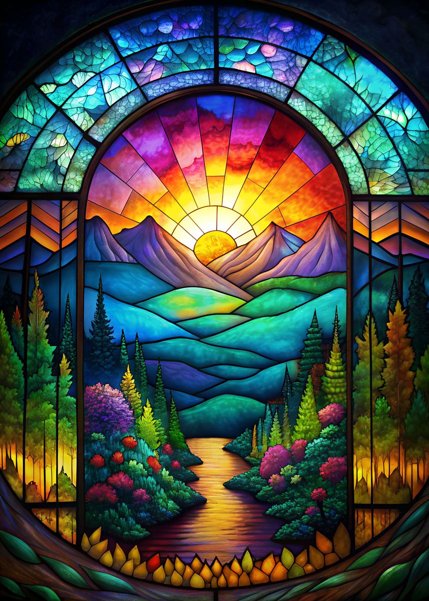 'Stained Glass Nature Scene' Poster, picture, metal print, paint by Art Jiyuu | Displate