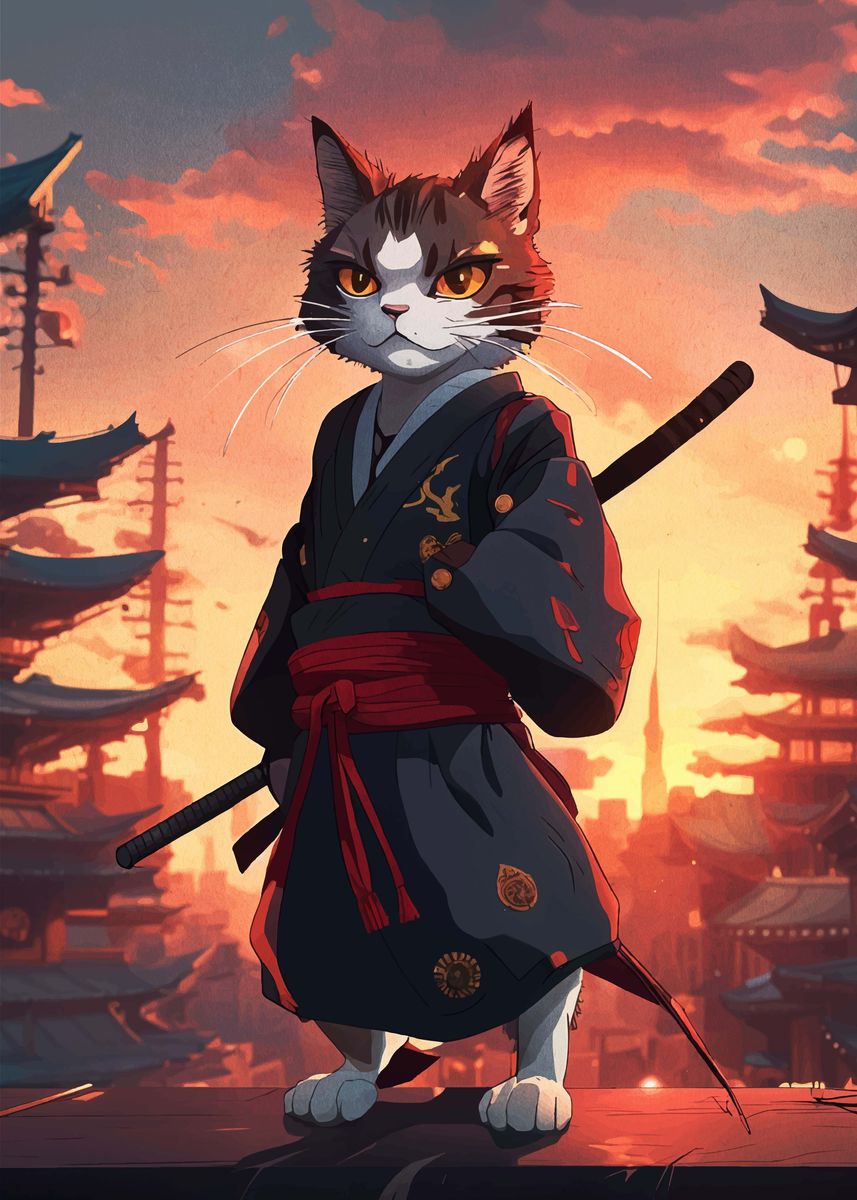 'Samurai Cat Japan Sunset' Poster, picture, metal print, paint by Ellen ...