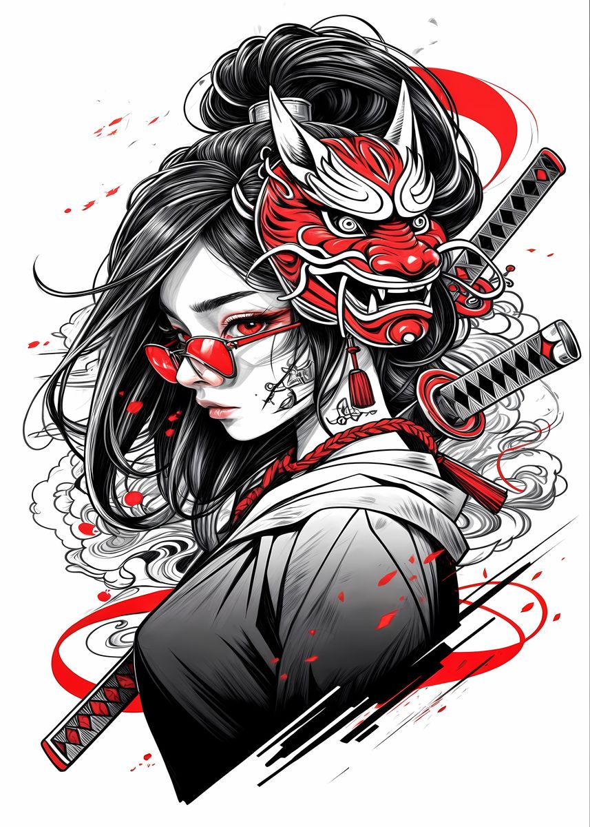 'samurai girl wearing mask ' Poster, picture, metal print, paint by Top ...