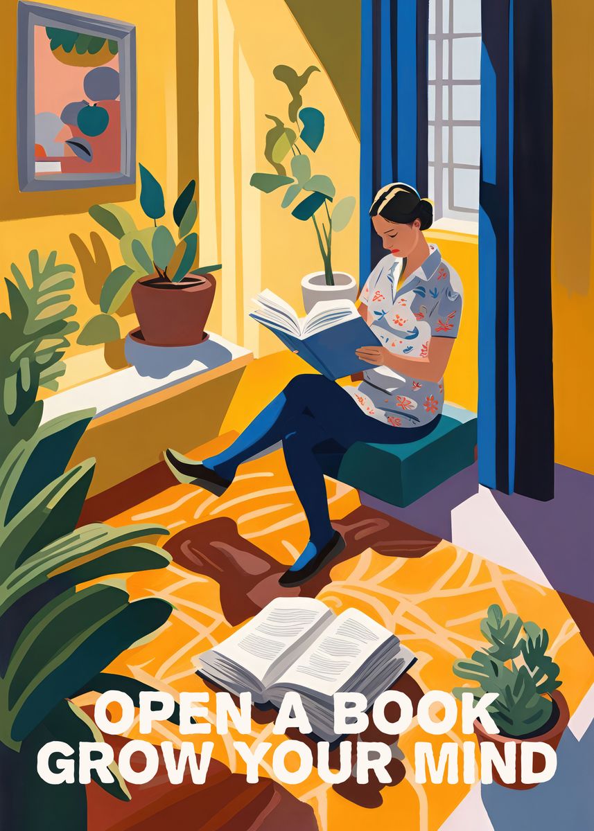 'Book Reading Poster' Poster, picture, metal print, paint by ...