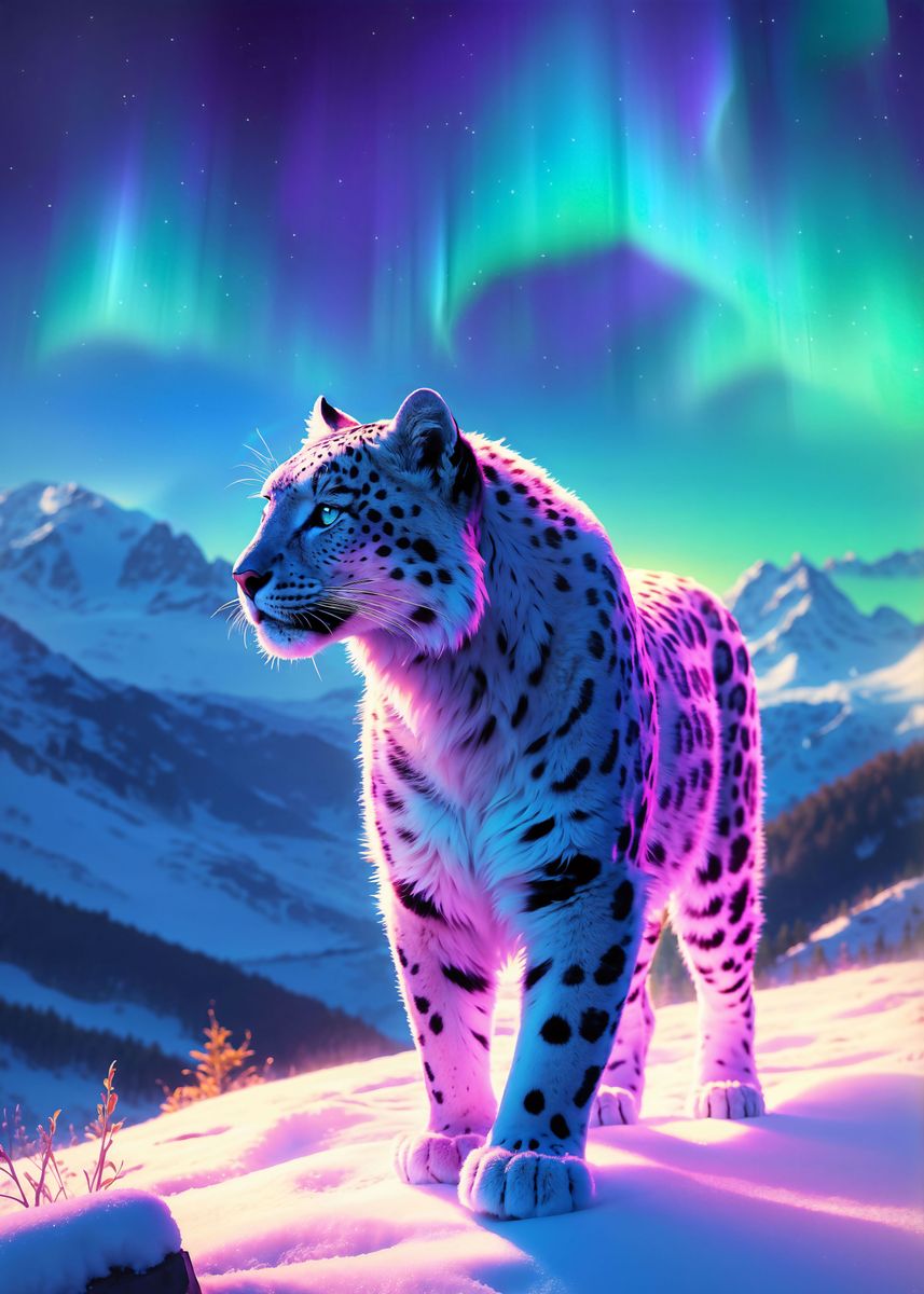 'Neon Aurora Snow Leopard' Poster, picture, metal print, paint by By ...