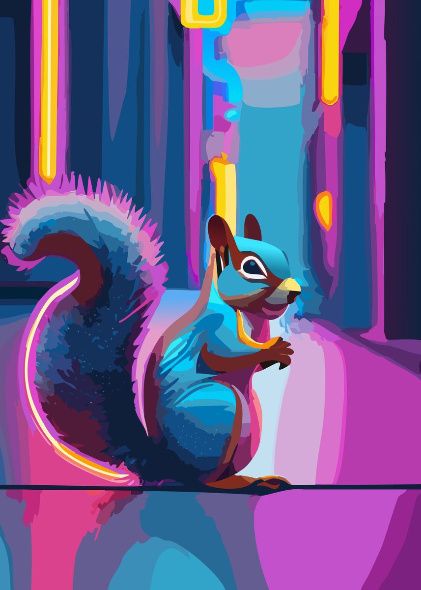 'Squirrel in Neon Street' Poster, picture, metal print, paint by Greg ...