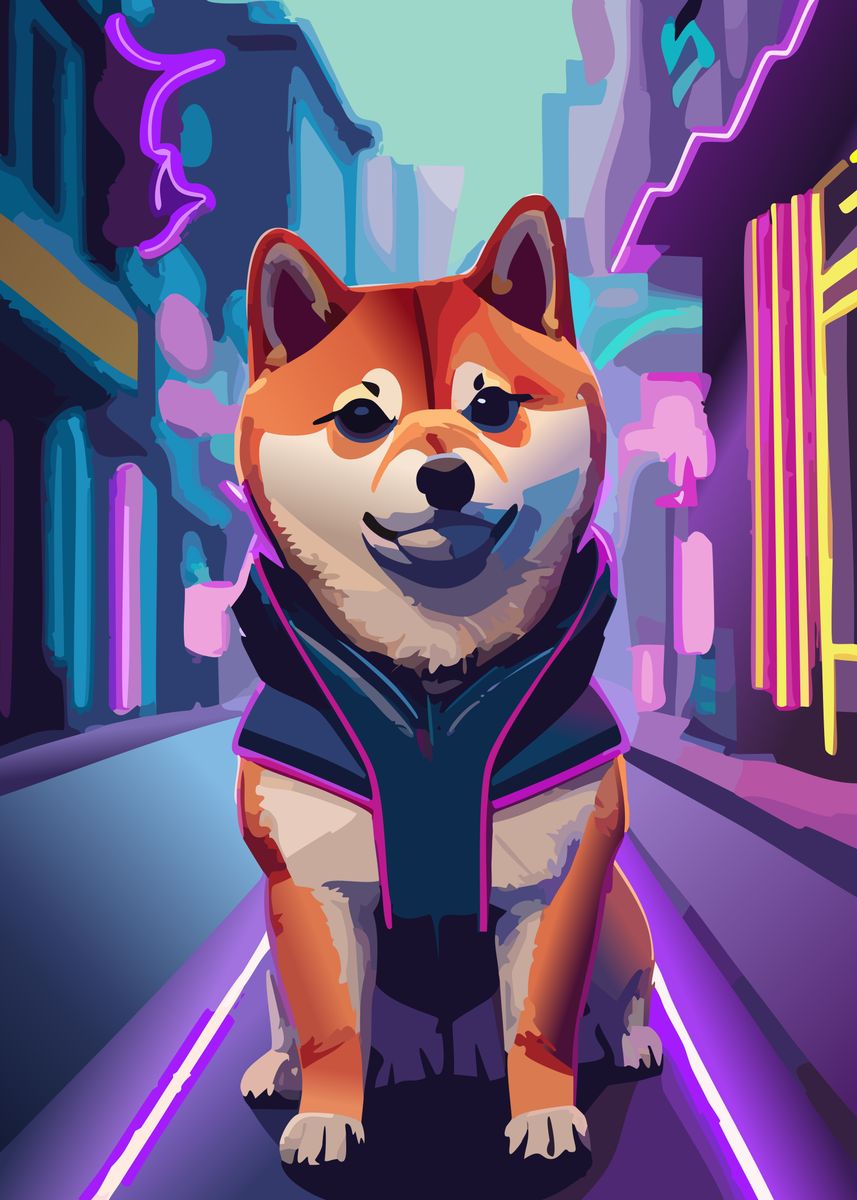 'Shiba Inu in Neon Street' Poster, picture, metal print, paint by Greg ...