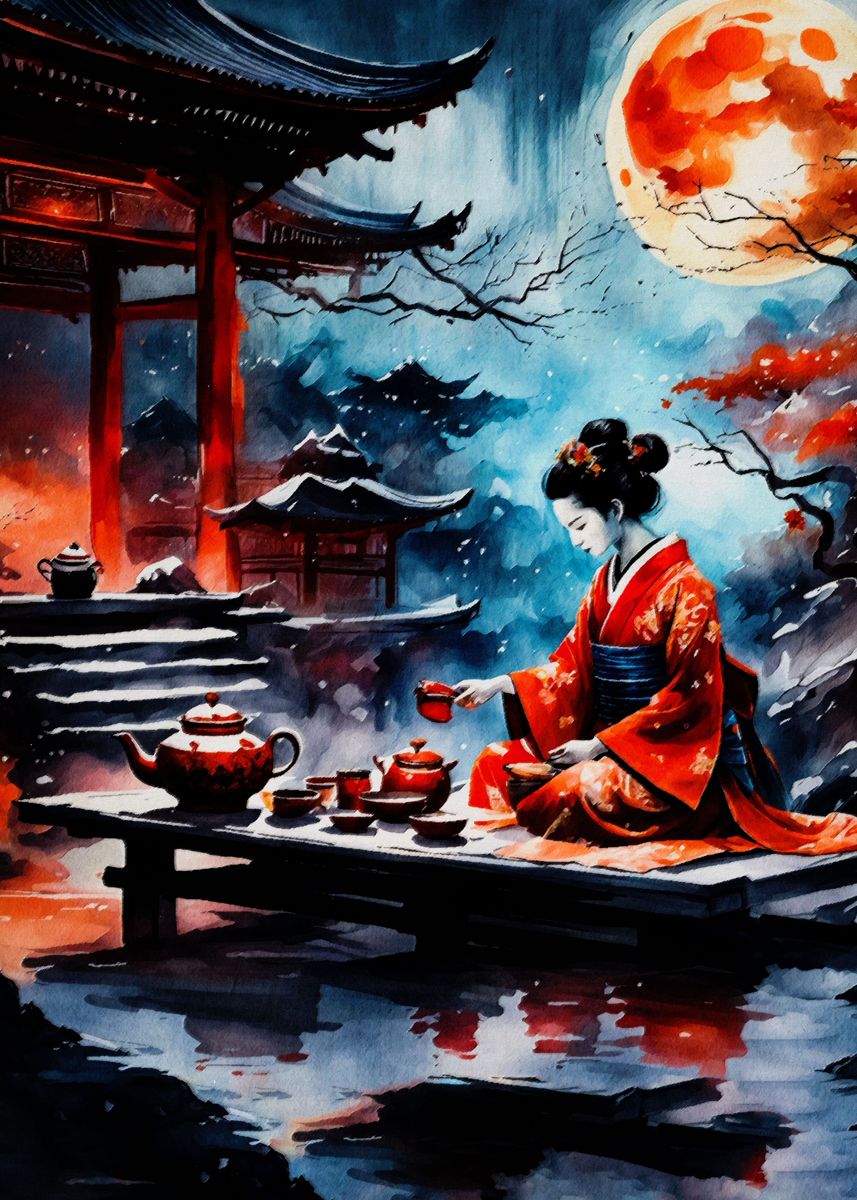 'japanese red moon geisha' Poster, picture, metal print, paint by Peter ...