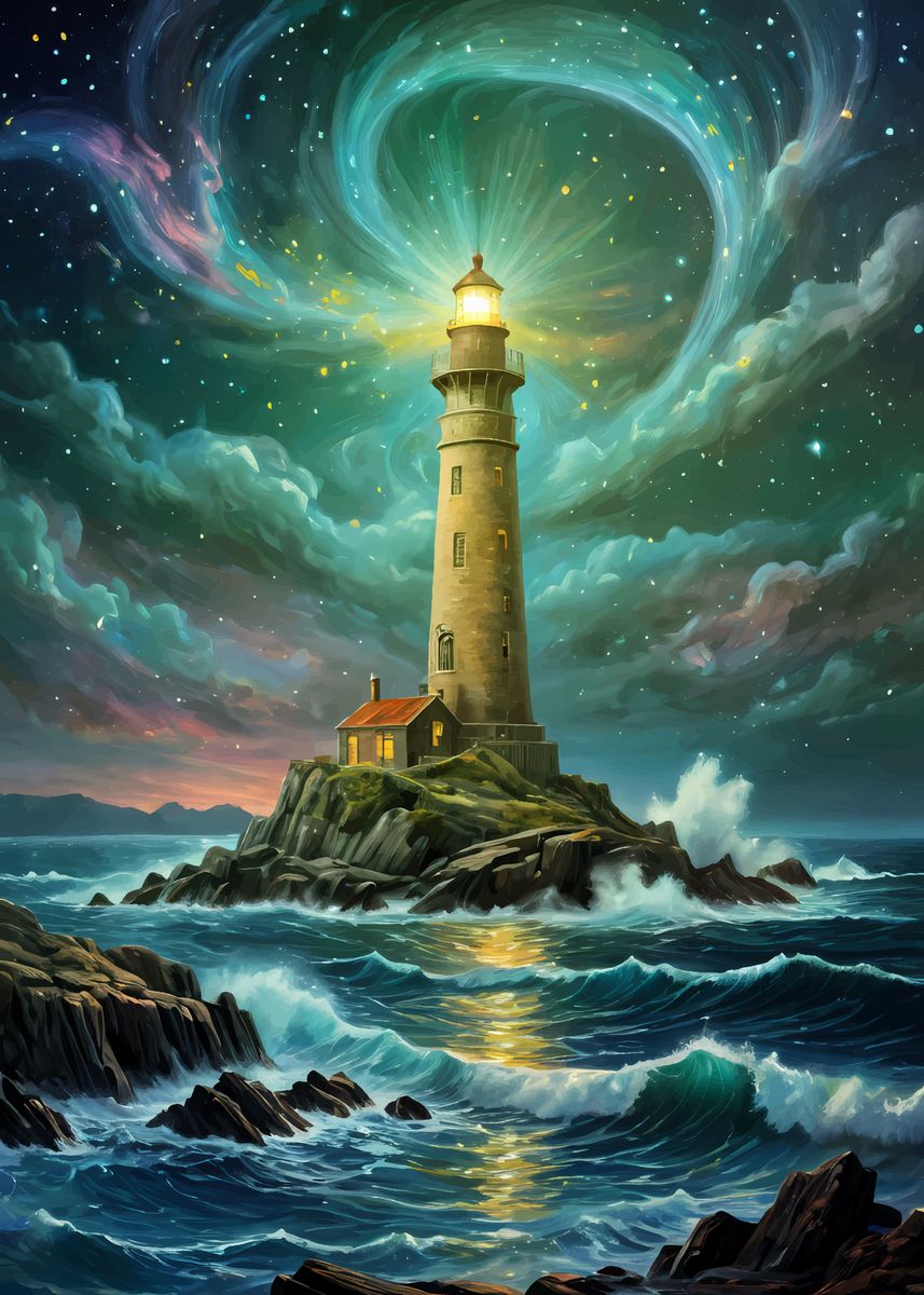 'Lighthouse and Aurora' Poster, picture, metal print, paint by Live Art ...