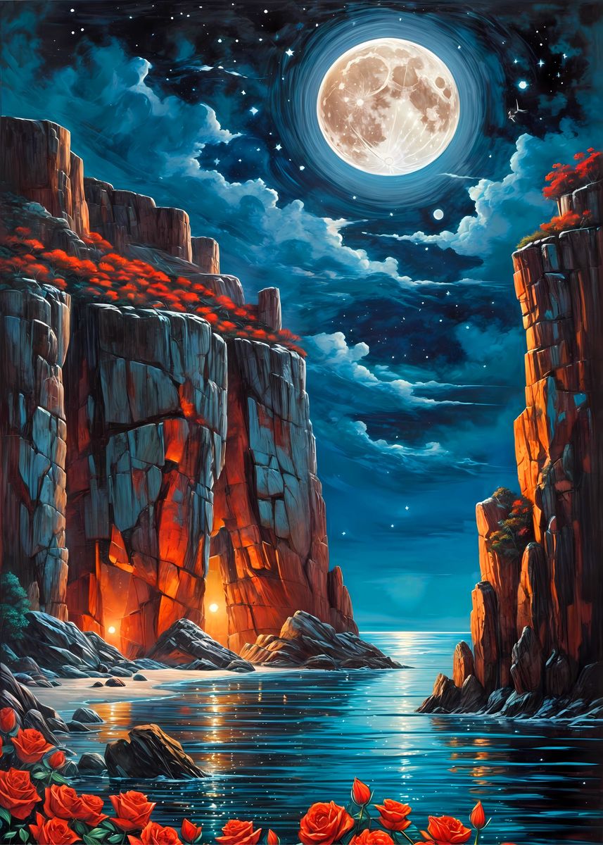 'Red cliffs and roses night' Poster, picture, metal print, paint by ...
