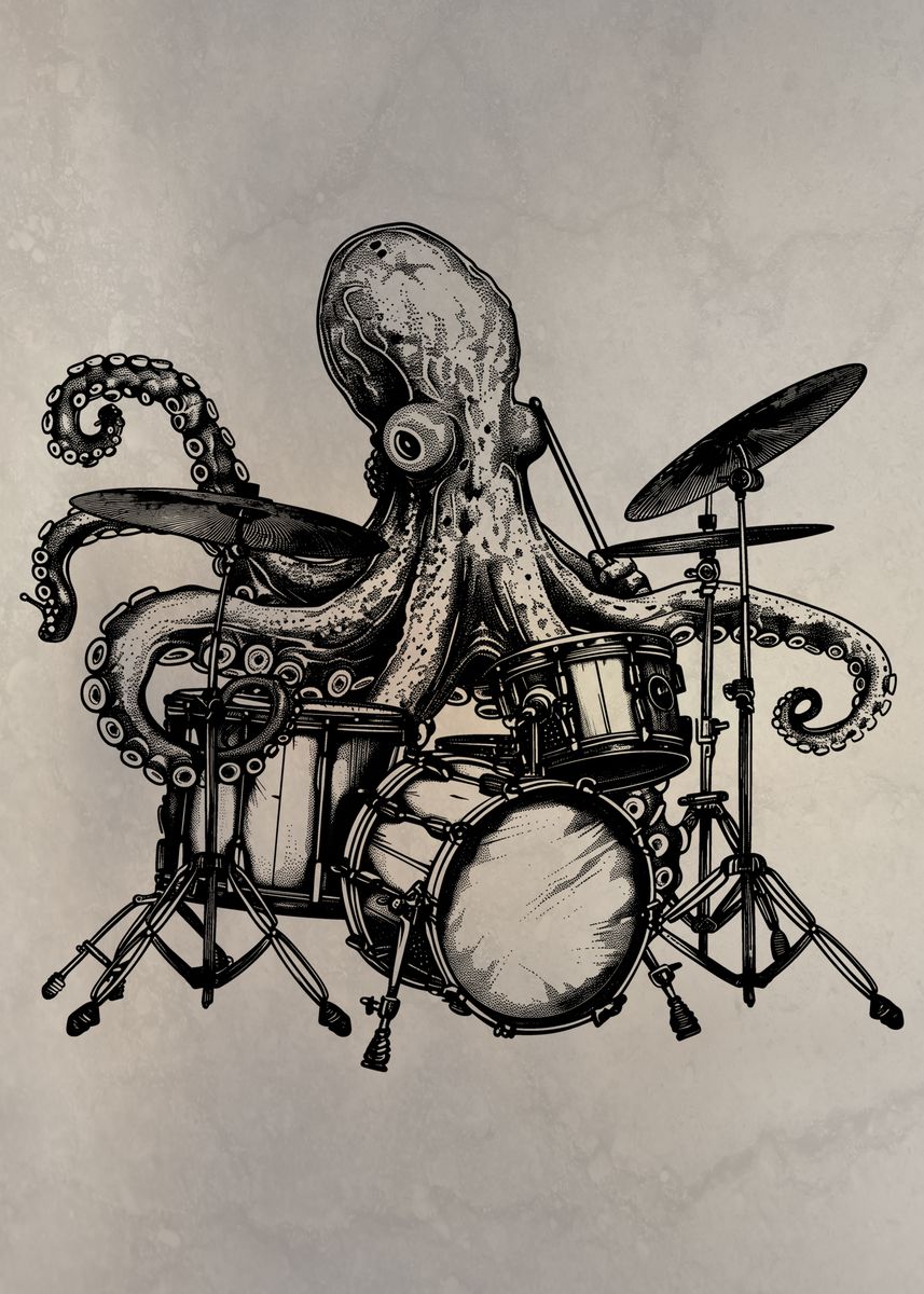 'Retro Octopus Play Drums' Poster, picture, metal print, paint by 21 ...