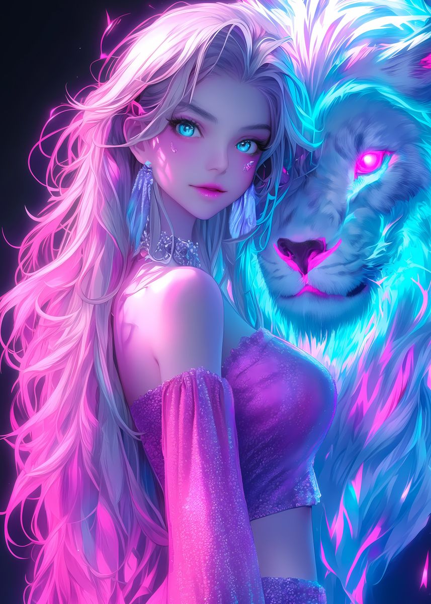 'Neon Lion Girl' Poster, picture, metal print, paint by Melvina Poole ...