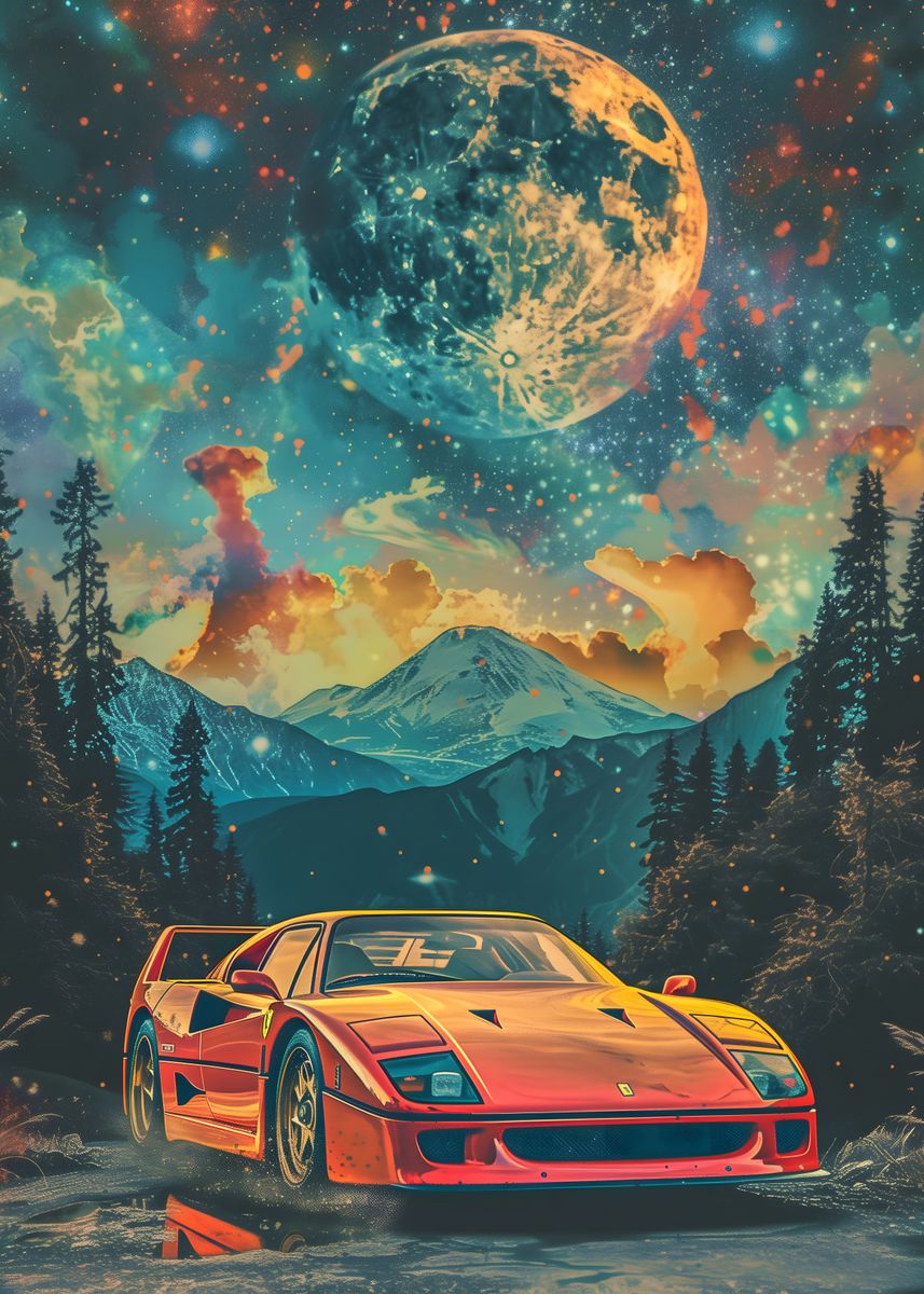 'Ferrari F40 Mountain moon' Poster, picture, metal print, paint by Mose ...