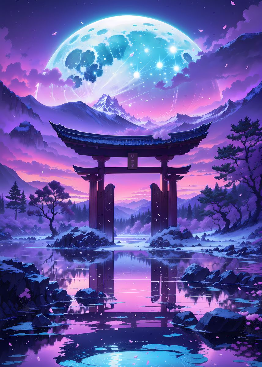 'Lunar Serenity Torii Gate' Poster, picture, metal print, paint by ...