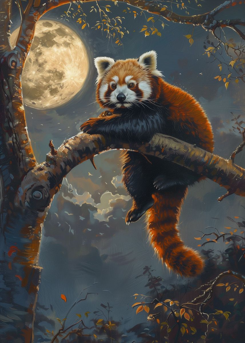'Red Panda Moon Tree Night' Poster, picture, metal print, paint by Zenz ...
