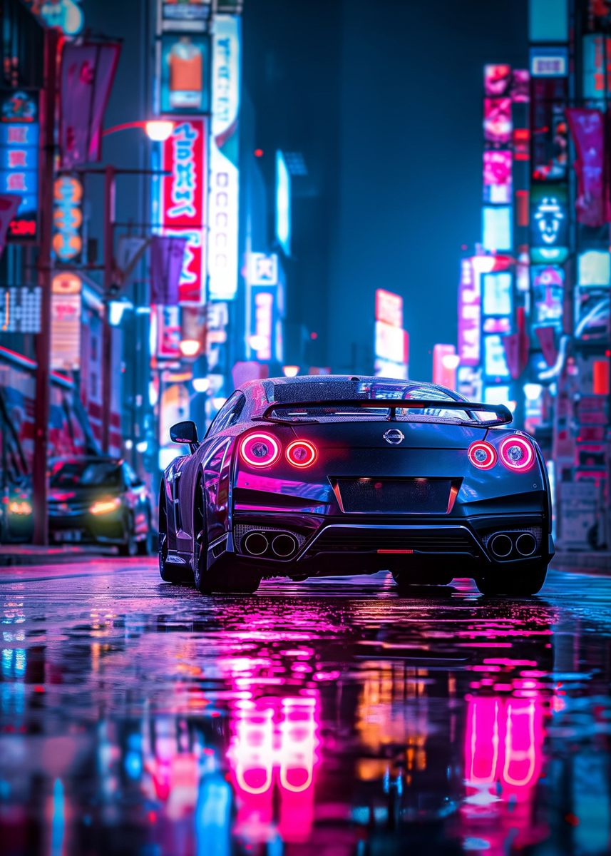 'Nissan GTR R35 Neon City' Poster, picture, metal print, paint by ...