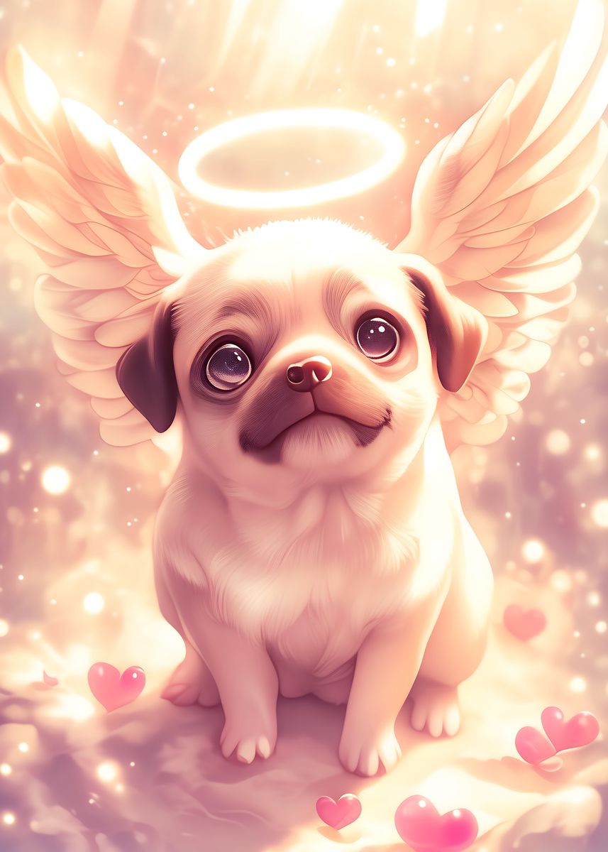 'Adorable Angel Pug' Poster, picture, metal print, paint by ...