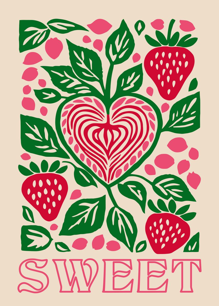 'Sweet Retro Strawberry' Poster, picture, metal print, paint by ...