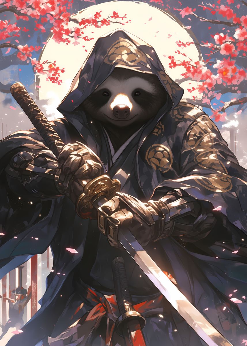 'Lazy Samurai Sloth Sakura' Poster, picture, metal print, paint by Joshua T Wall | Displate