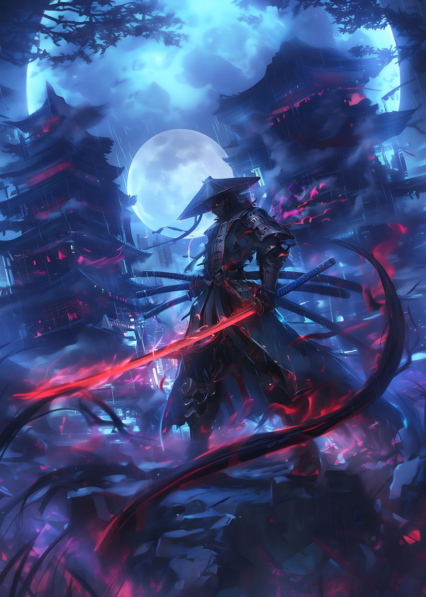 'Blue Midnight Samurai' Poster, picture, metal print, paint by ...