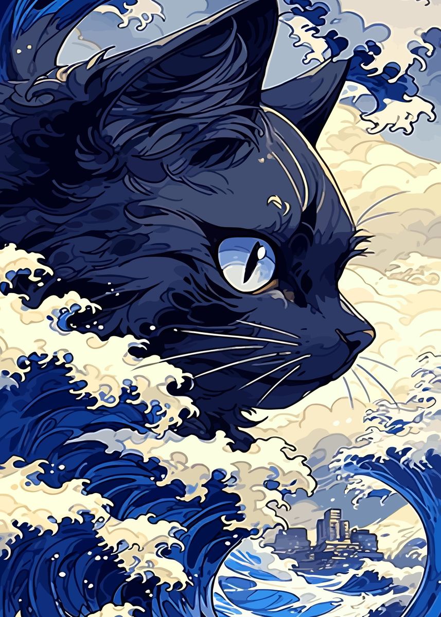 'cat in wave' Poster, picture, metal print, paint by asri majid | Displate