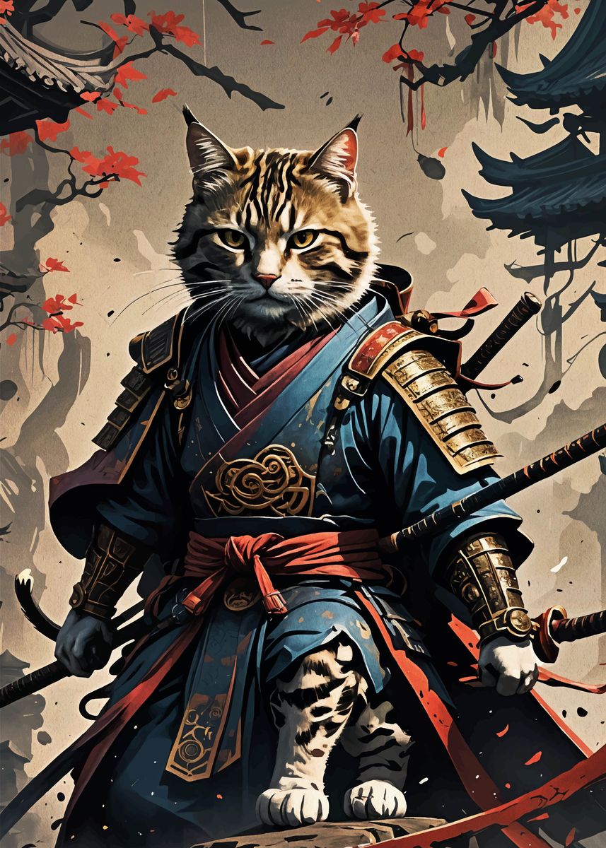 'Samurai Cat ' Poster, picture, metal print, paint by Ana Calvert ...
