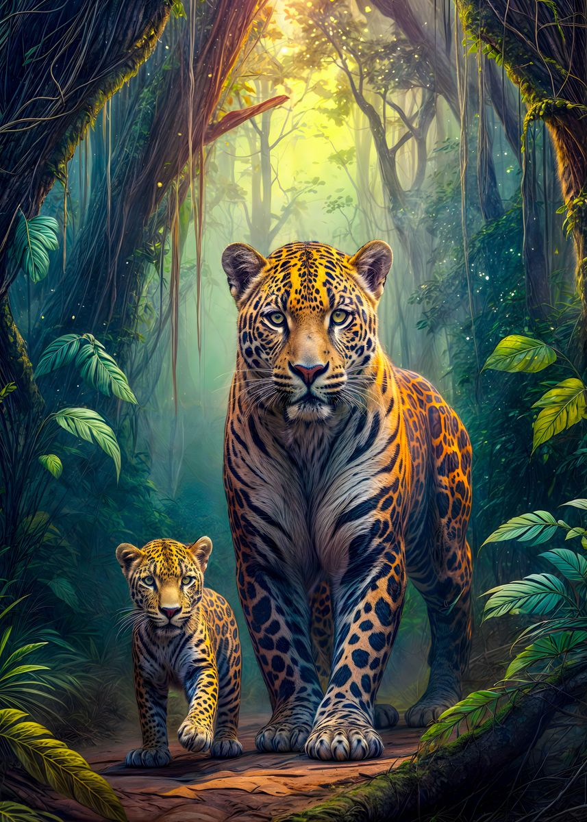'Jungle Jaguar Family' Poster, picture, metal print, paint by Krishnendu Roy | Displate