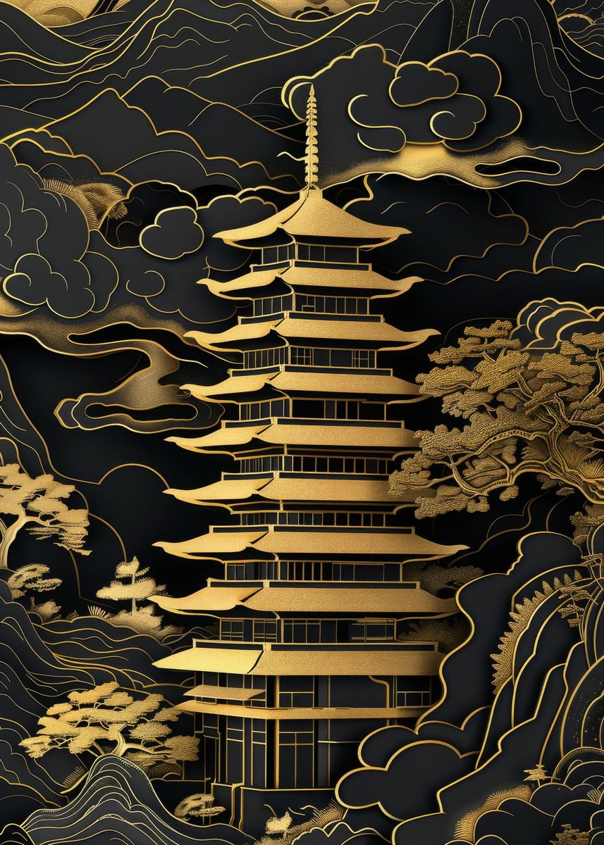 'Gold Temple' Poster, picture, metal print, paint by Kai Tanaka | Displate