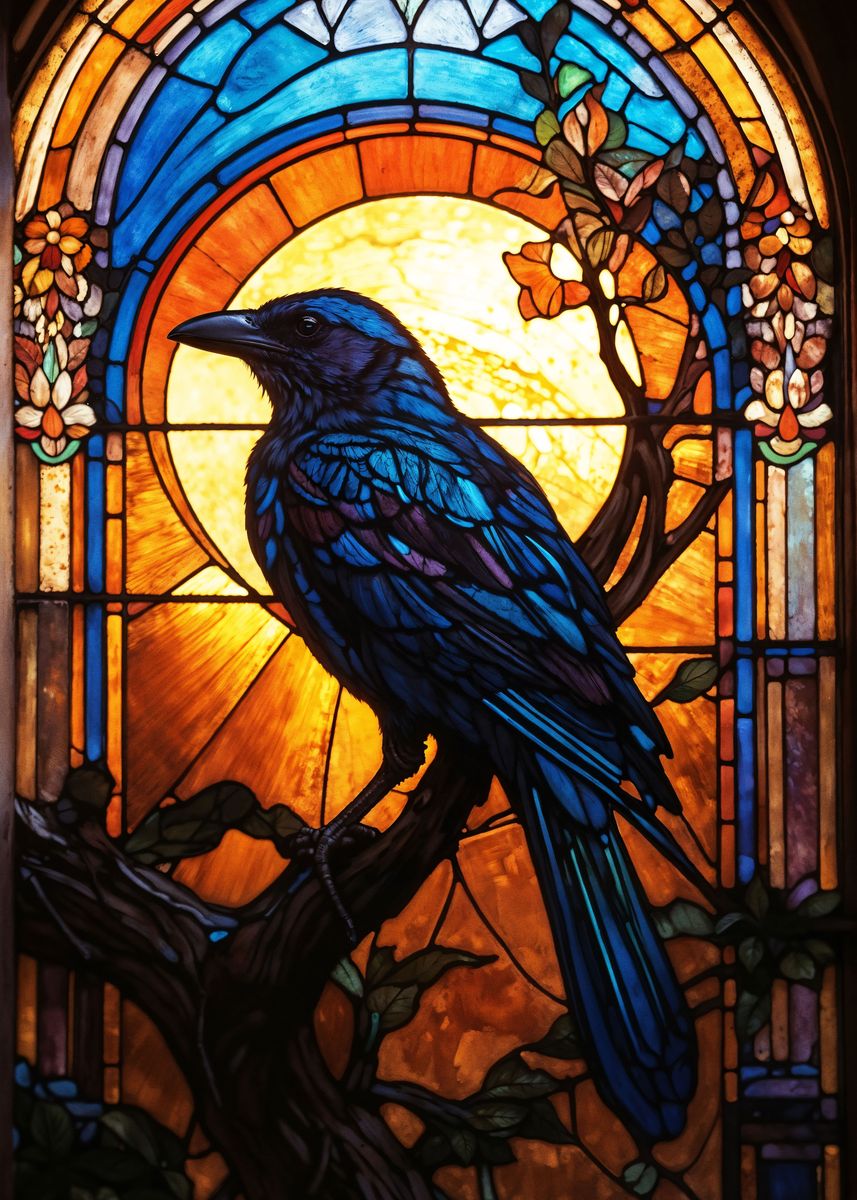 'Moonlit Crow Stained Glass' Poster, picture, metal print, paint by ...