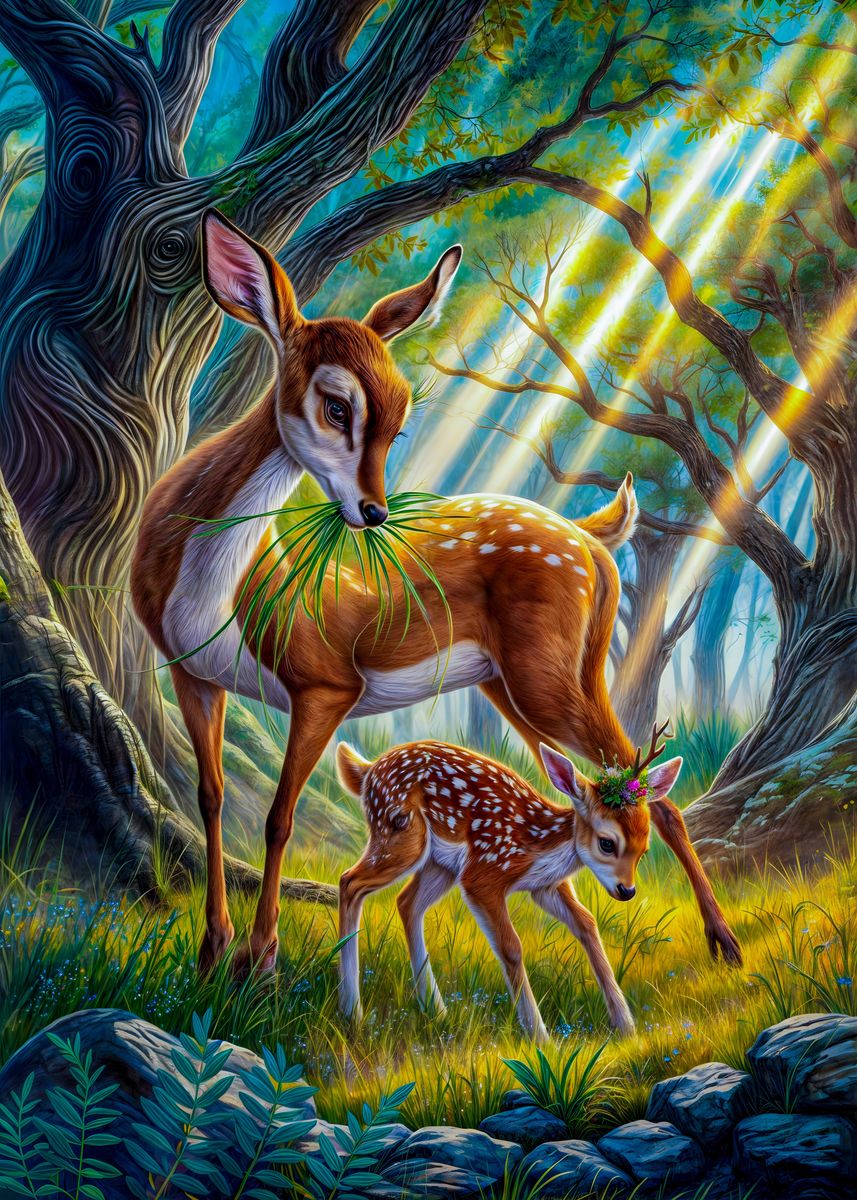 'Enchanted Forest Deer fawn' Poster, picture, metal print, paint by ...