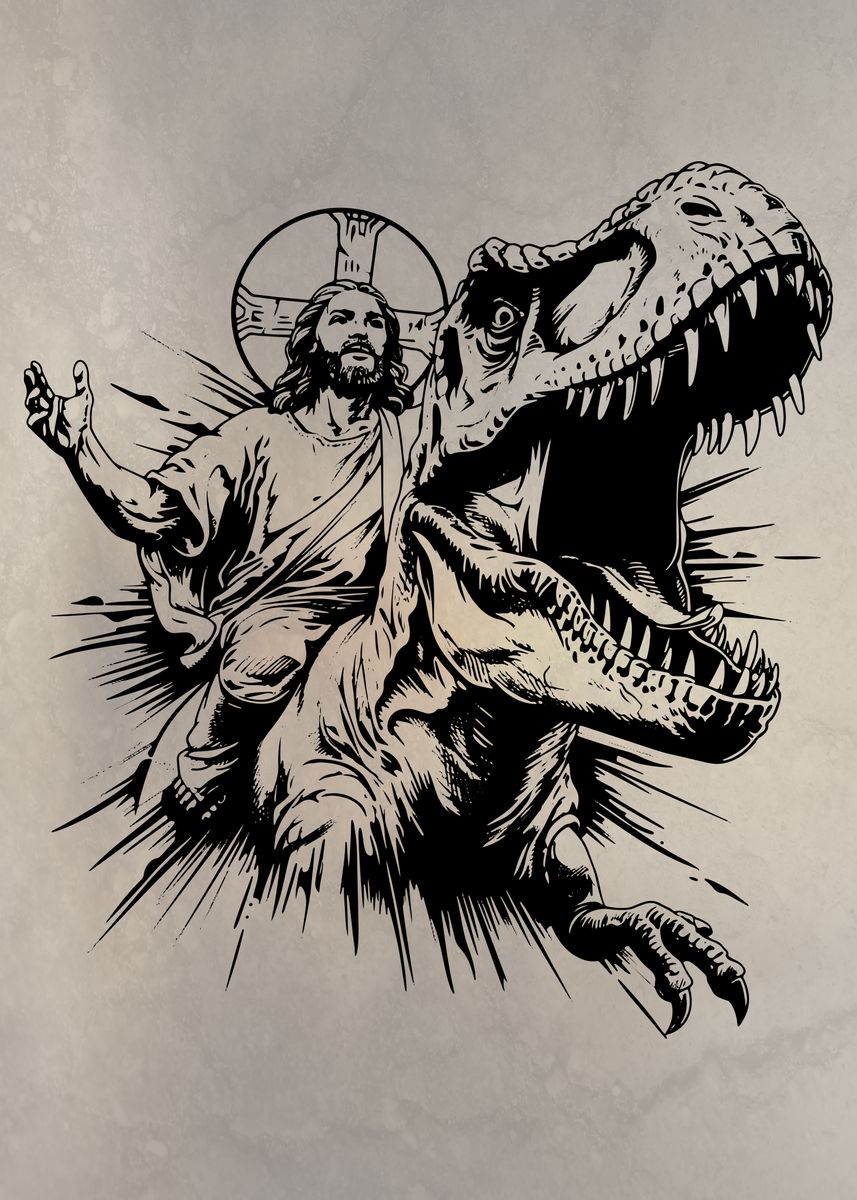 'Jesus Riding a T Rex ' Poster, picture, metal print, paint by 21 MXM ...