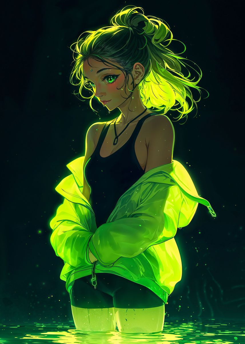 'neon green glow anime girl' Poster, picture, metal print, paint by ...