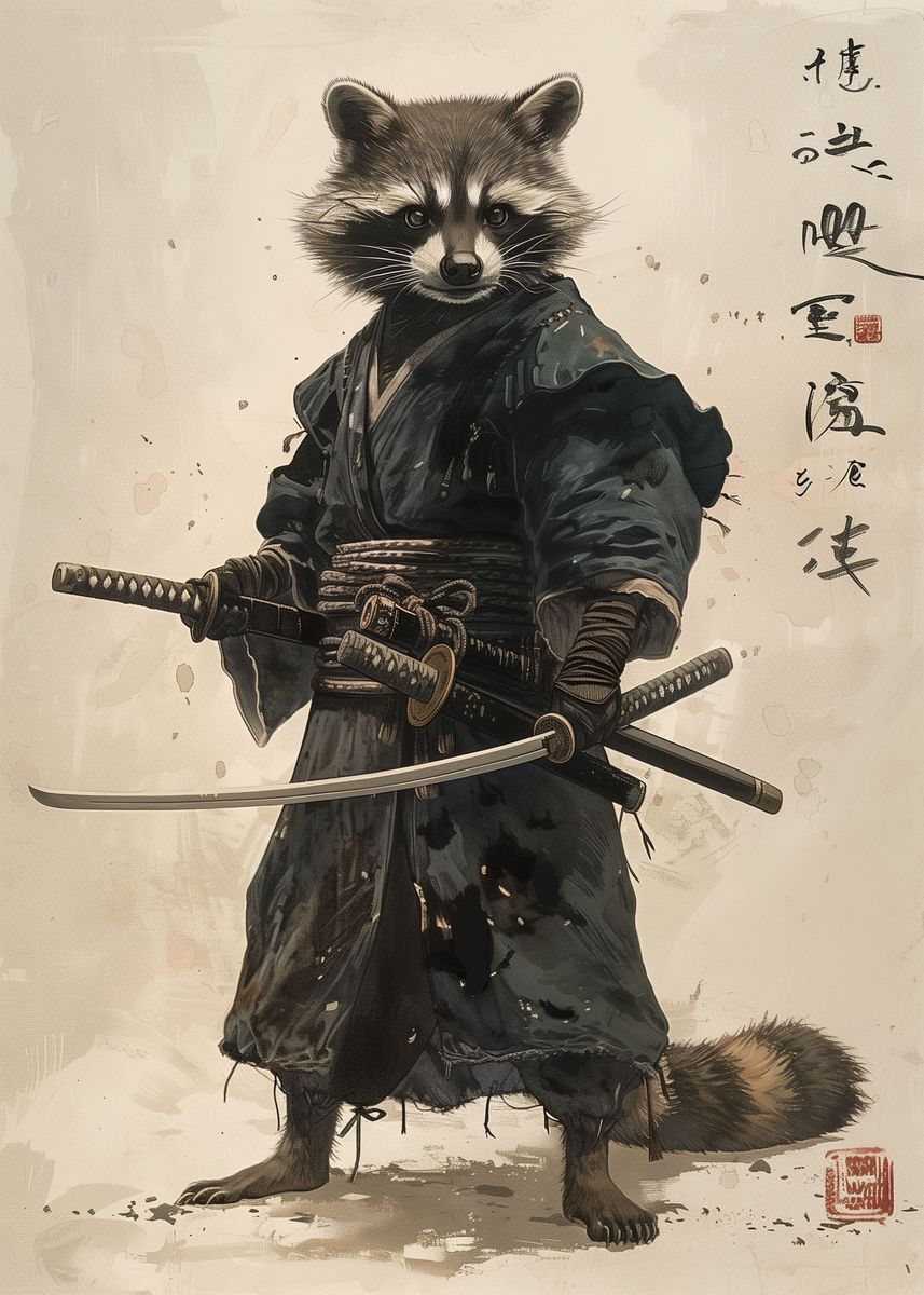 'Raccoon Samurai' Poster, picture, metal print, paint by Wael Addoul ...