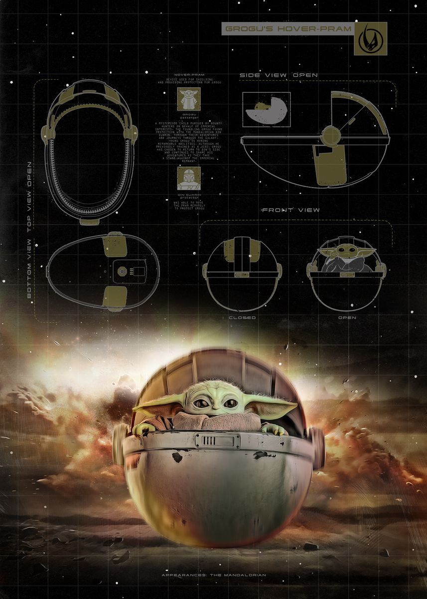 'Grogu's Hover Pram' Poster, picture, metal print, paint by Star Wars ...