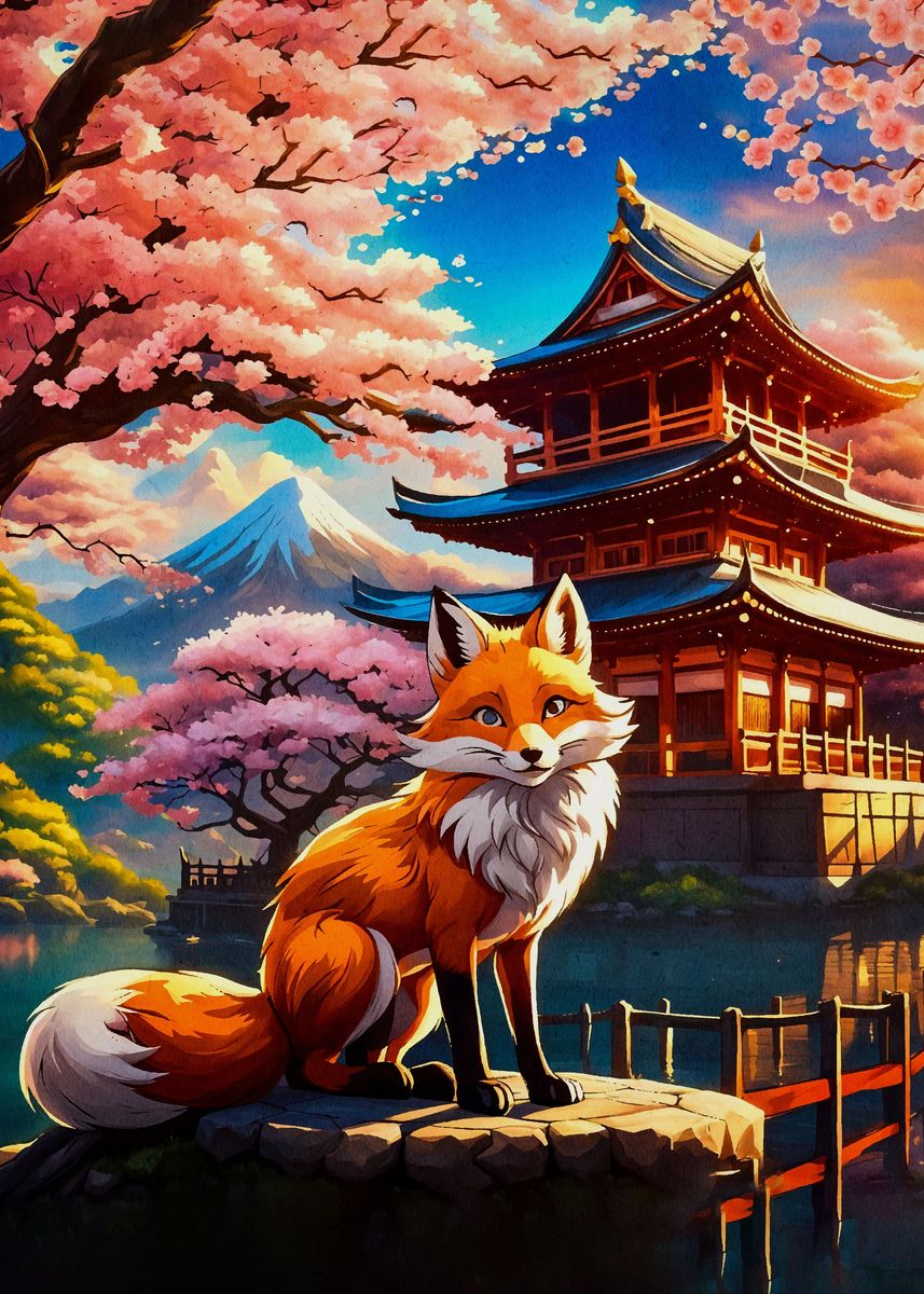 'Cherry blossom fox ' Poster, picture, metal print, paint by ...