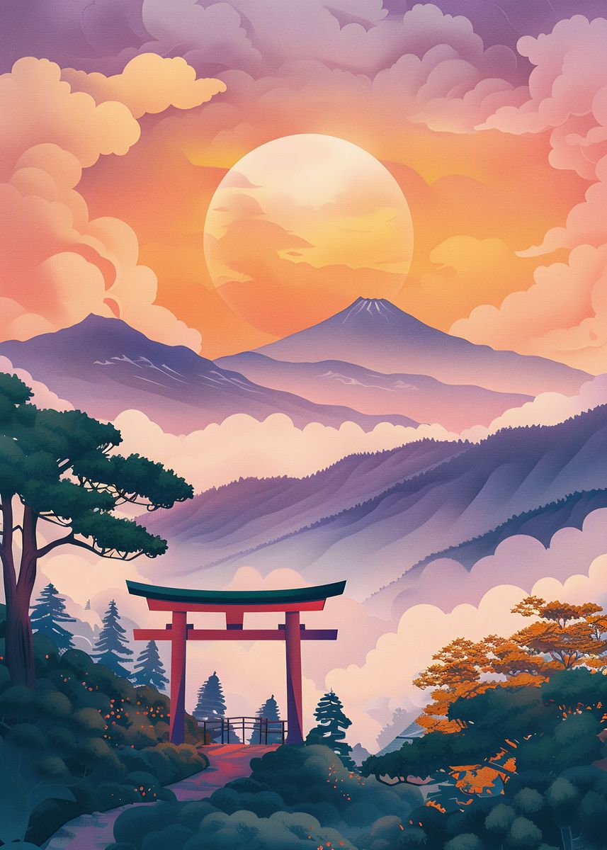 'Japanese Sunset Mountain' Poster, picture, metal print, paint by ...