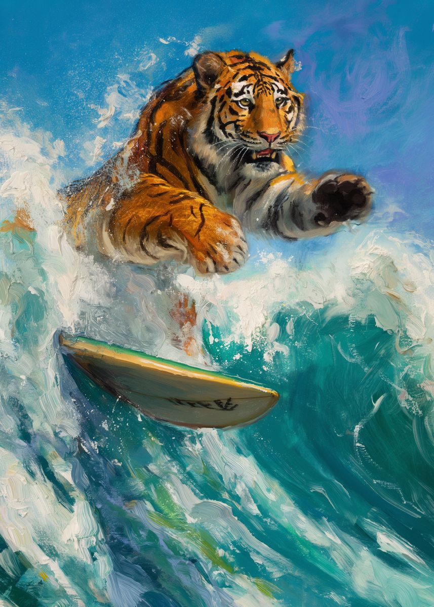 'Tiger Surfer Surfing Waves' Poster, picture, metal print, paint by ...