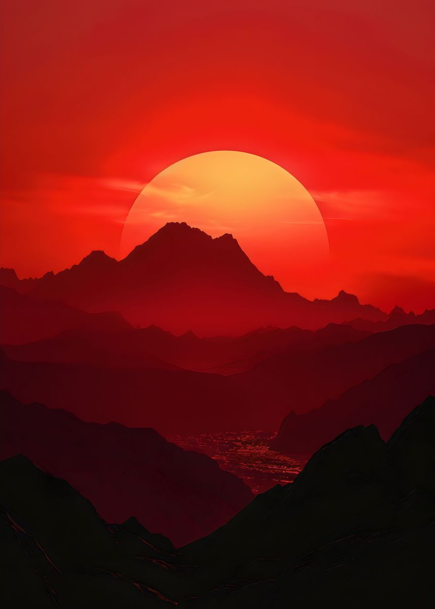 'Red Sunset Peaks' Poster, picture, metal print, paint by Silvie Art ...