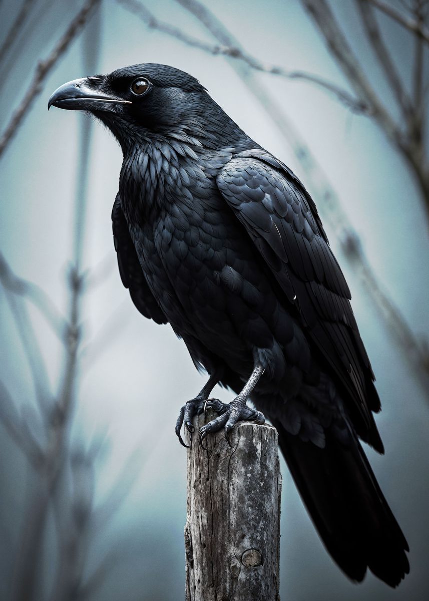 'Watchful Crow on Wooden' Poster, picture, metal print, paint by ...