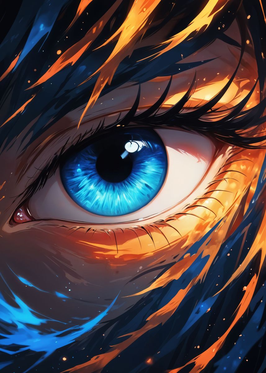 'anime blue eyes fire' Poster, picture, metal print, paint by Mai ...