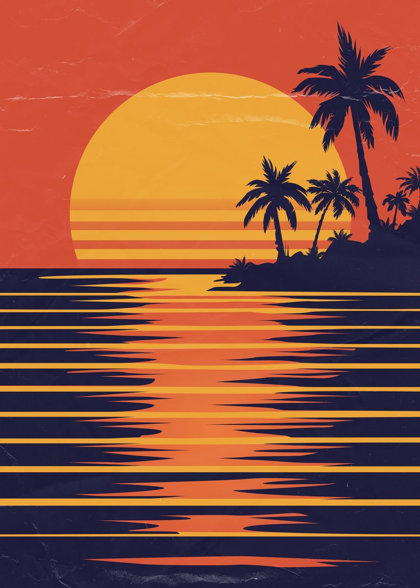 'Retro Vintage Beach Sunset' Poster, picture, metal print, paint by ...