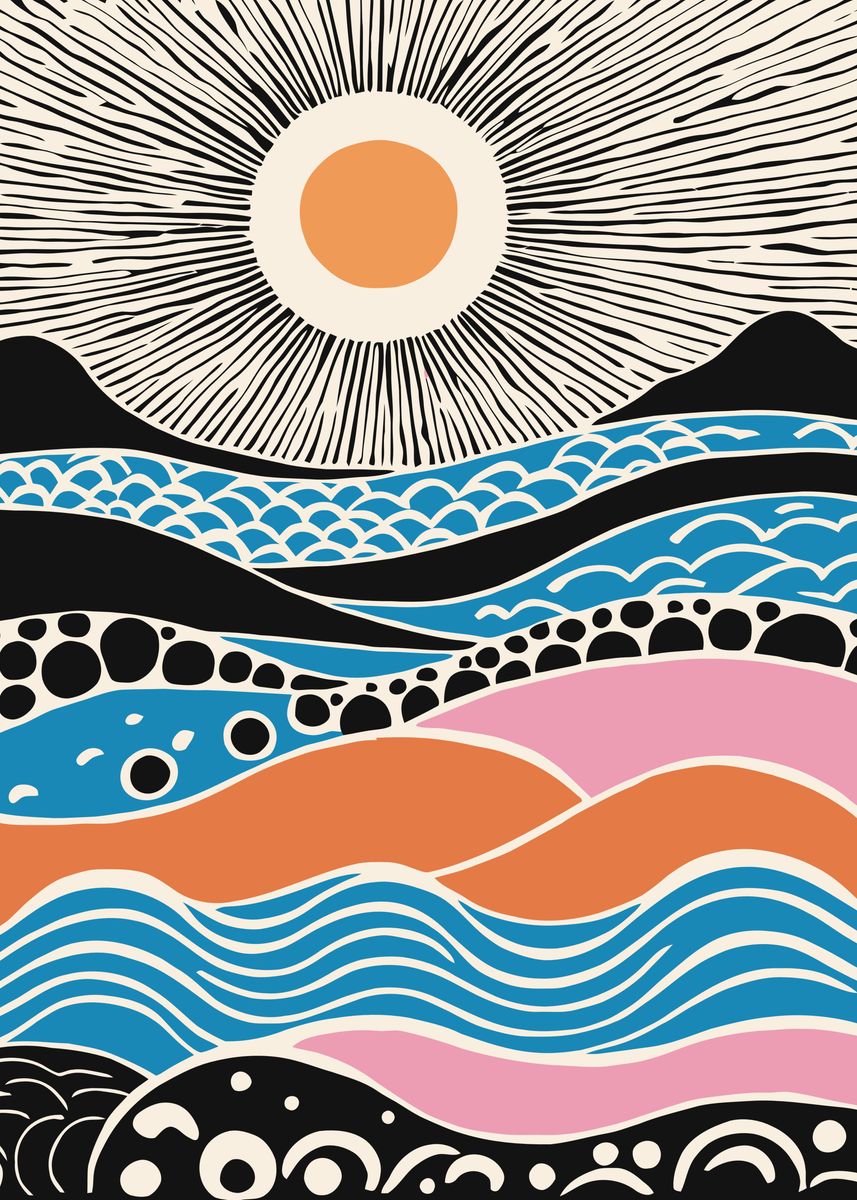 'Retro Sunset Scene' Poster, picture, metal print, paint by HyggeStudio ...