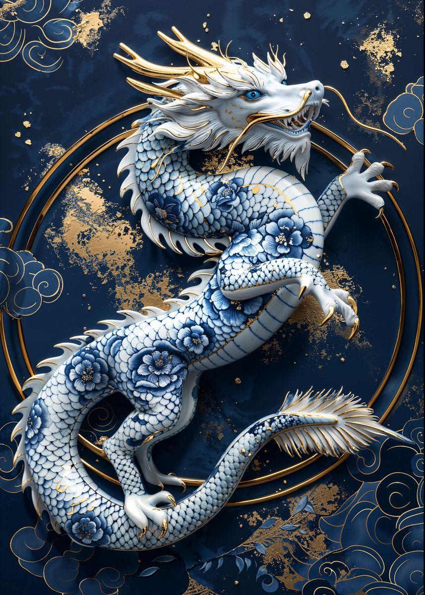 'Gilded Porcelain Dragon' Poster, picture, metal print, paint by Pixaverse | Displate