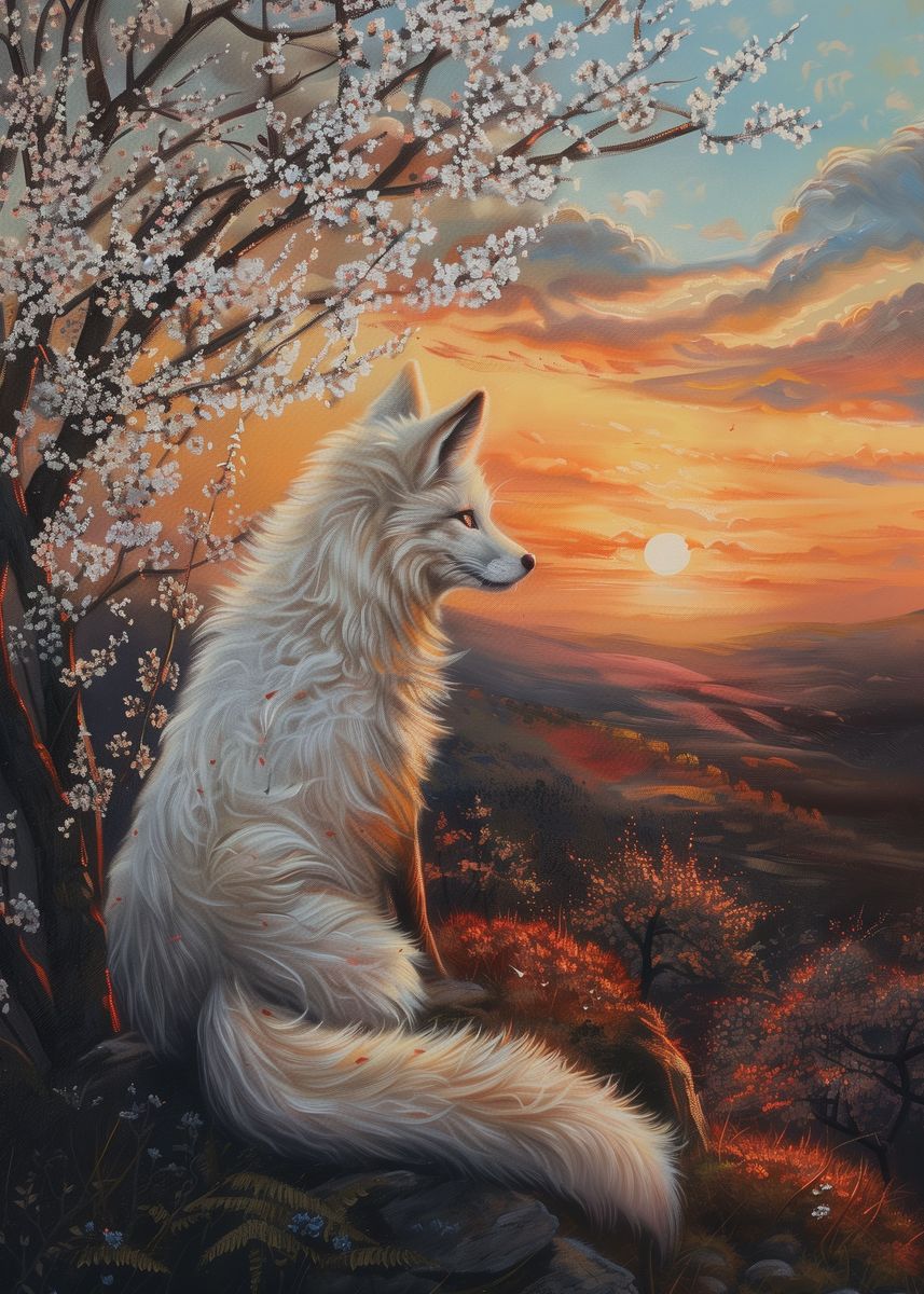 'White Fox Sunset Magical' Poster, picture, metal print, paint by Zenz ...