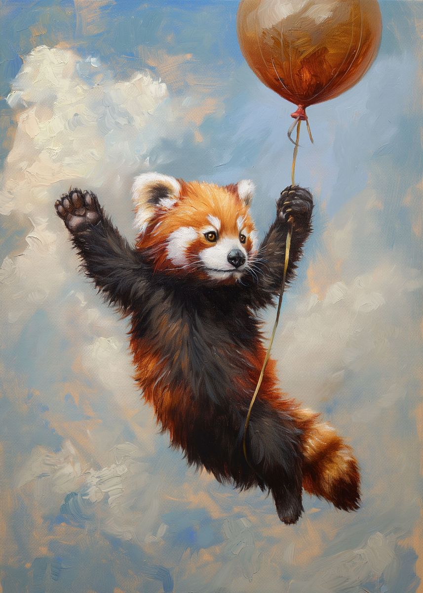 'Red Panda Balloon Flying' Poster, picture, metal print, paint by ...