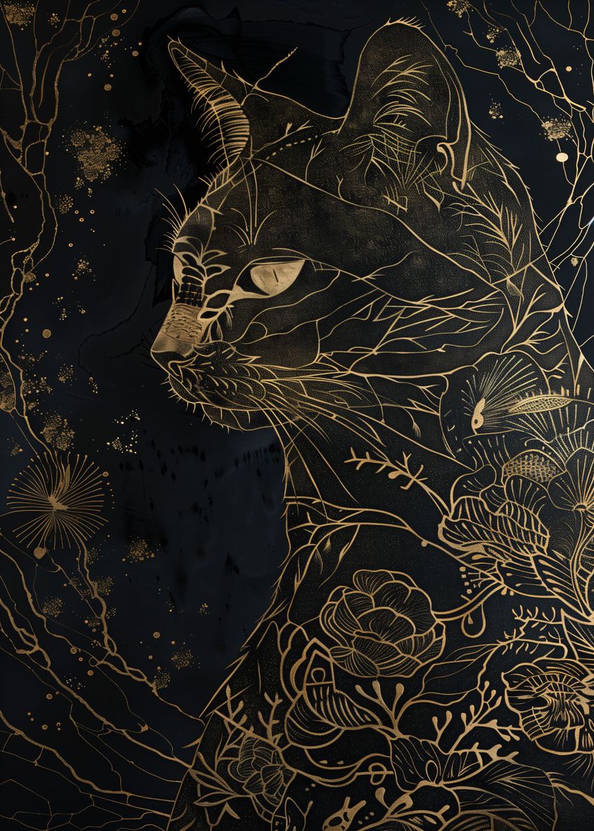 'Black Gold Cat Portrait' Poster, picture, metal print, paint by ...