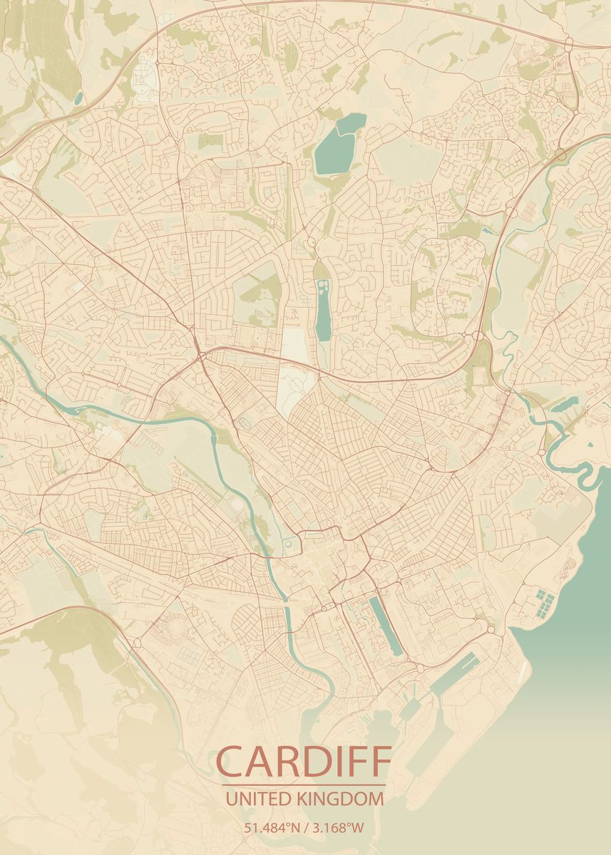 'Cardiff UK Vintage CityMap' Poster, picture, metal print, paint by ...