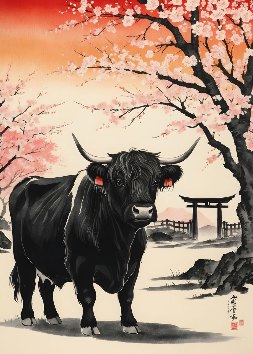 'Highland Cow Japan' Poster, picture, metal print, paint by Xăm Việt ...