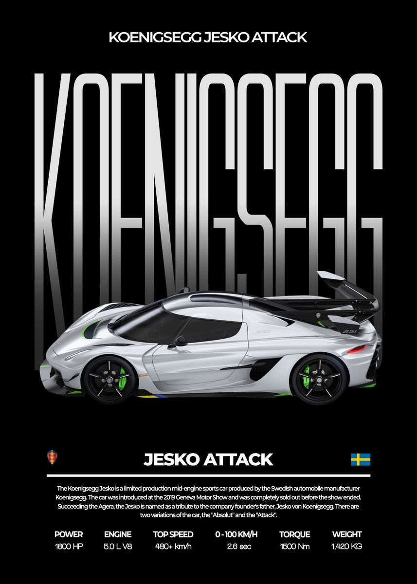 'Koenigsegg Jesko Attack' Poster, picture, metal print, paint by ...