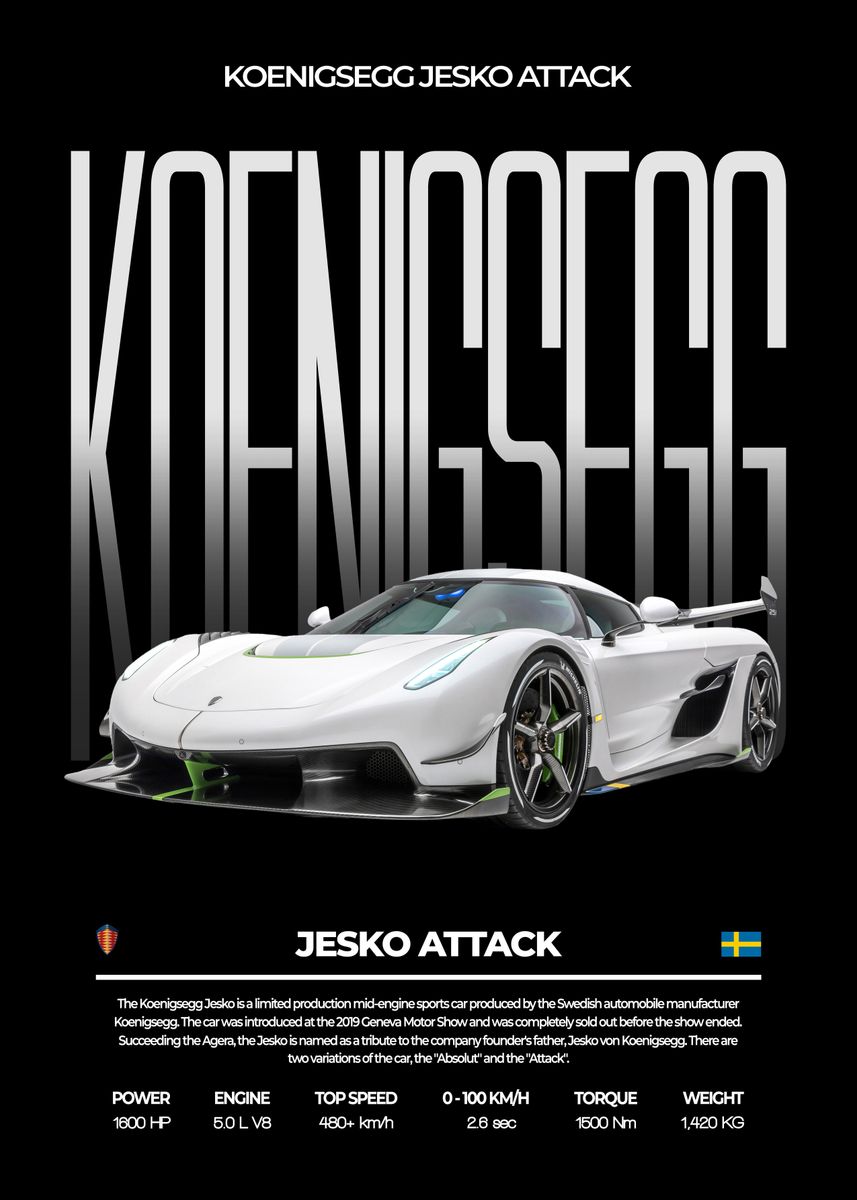 'Koenigsegg Jesko Attack' Poster, picture, metal print, paint by ...
