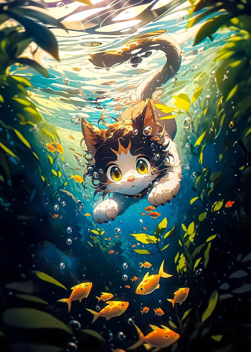 'Cat catching Fish' Poster, picture, metal print, paint by ...