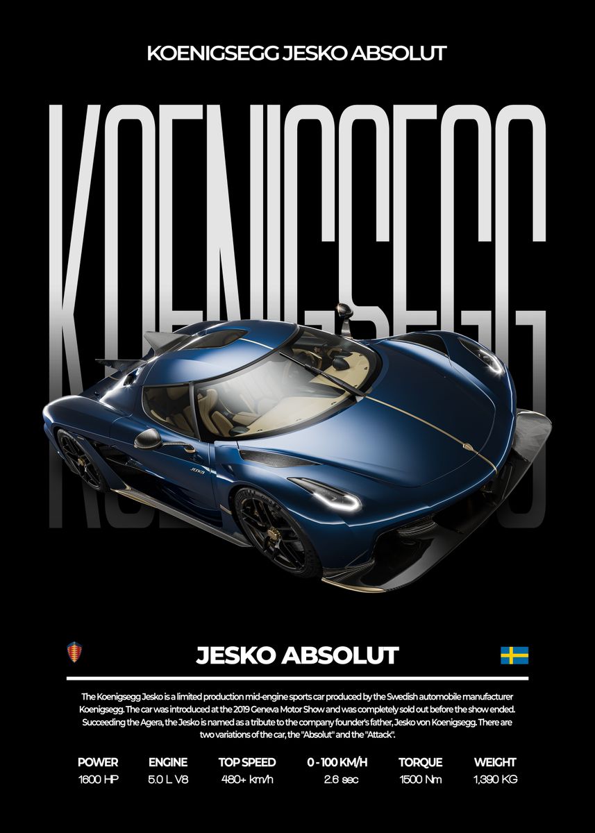 'Koenigsegg Jesko Absolut' Poster, picture, metal print, paint by Conceptual Photography | Displate